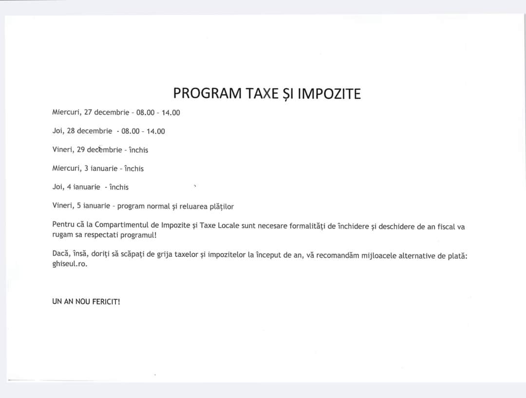 Programul Compartimentului de Impozite și Taxe Locale, sfârșitul lui ...